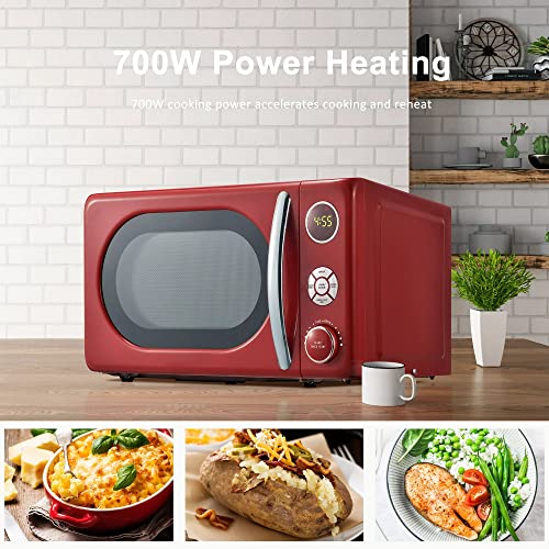 Retro red microwave oven with child safety lock, LED display, chrome handle design, environmental protection mode, 0.7 cubic feet capacity (Red)