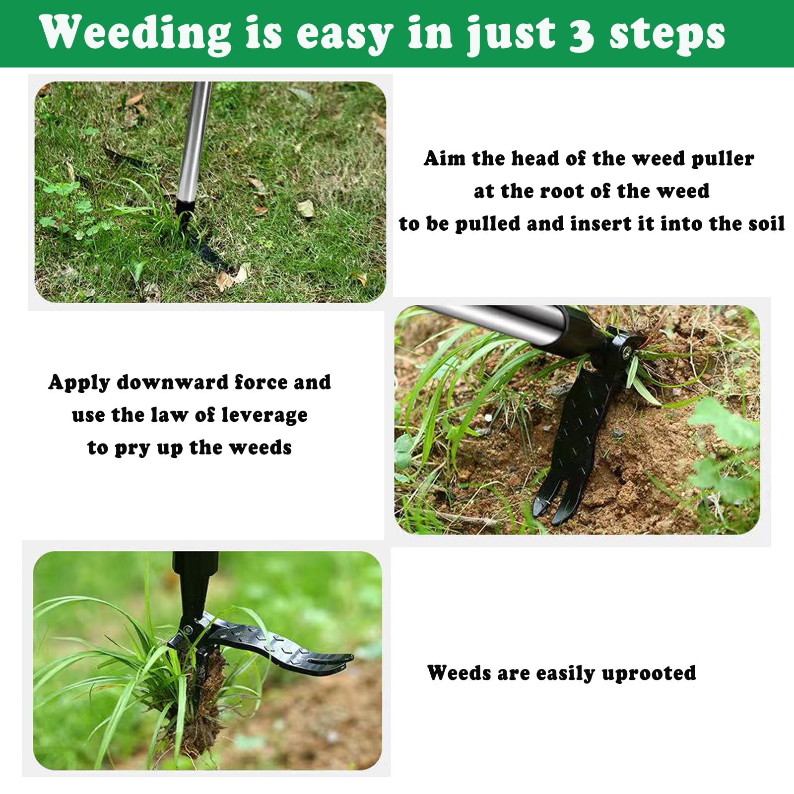Weeder Stand Up Weed Puller Tool with Long Handle 4-Claw Steel Head Design Weeding Tool Easily Remove Without Bending, Kneeling, or Pulling for Vegetable Gardening Backyard Farm Weeding
