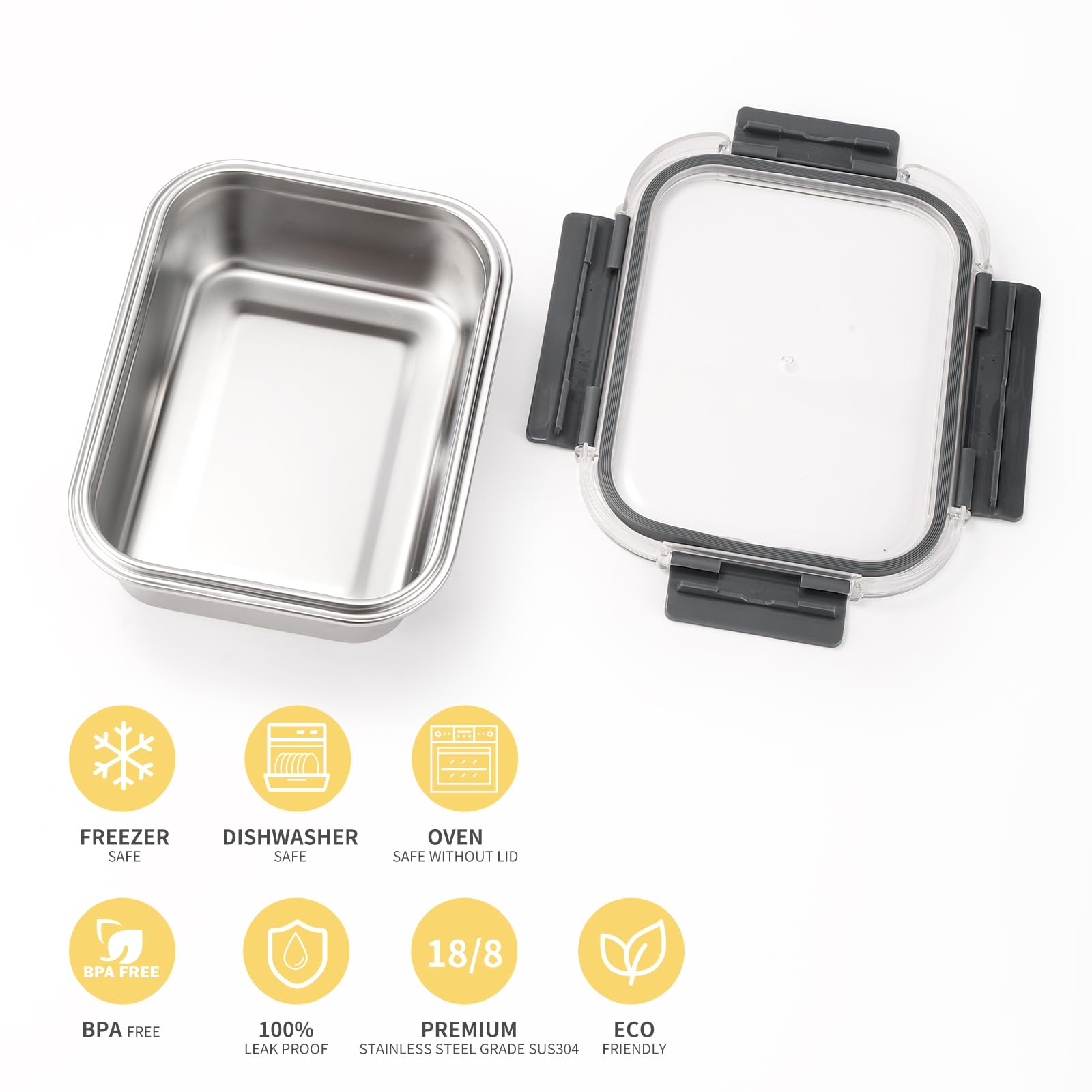 GEEJA Set of 2 stainless steel food containers with lids, Airtight kimchi containers, Leakproof meal prep bento box, Dishwasher/Oven/Freezer safe