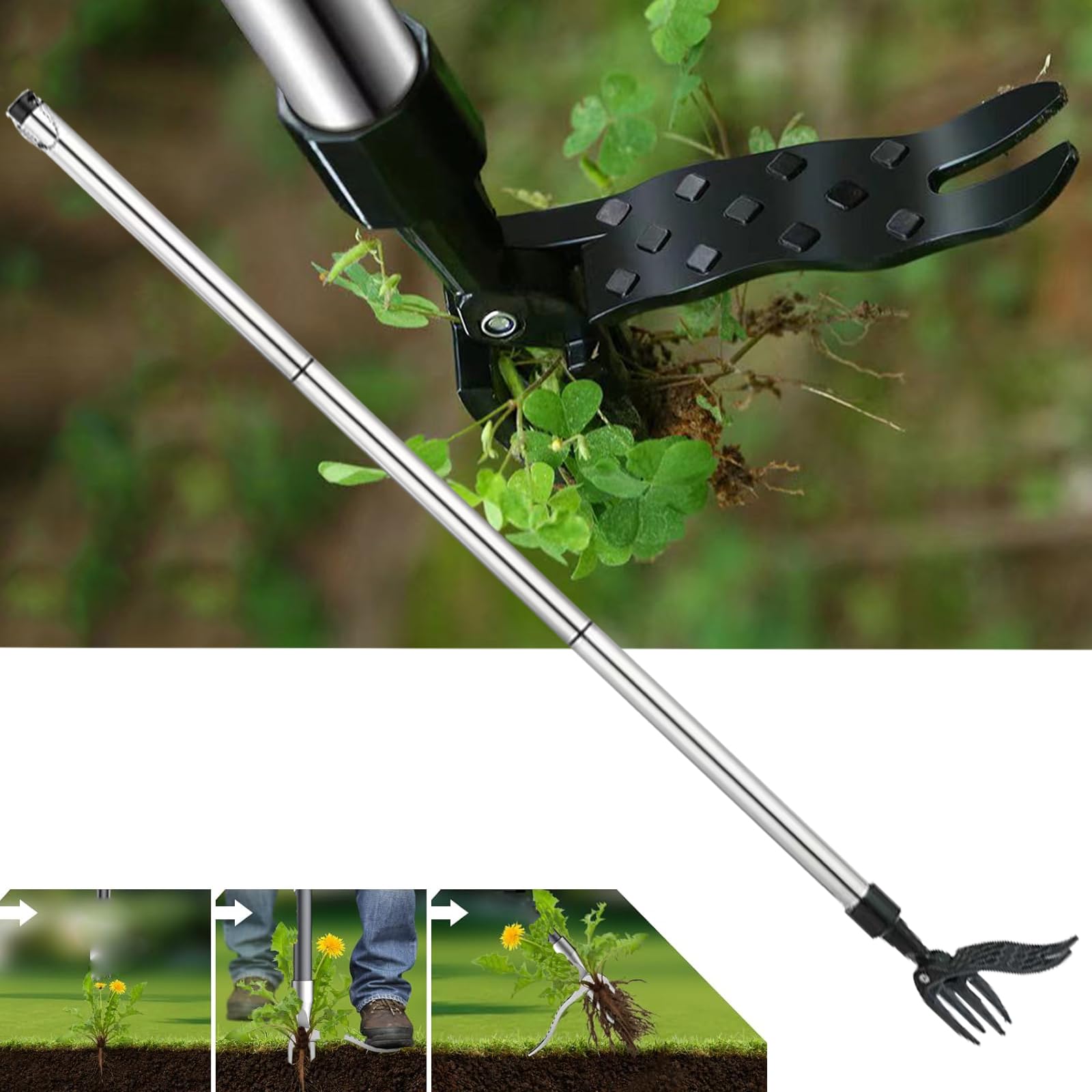 Weeder Stand Up Weed Puller Tool with Long Handle 4-Claw Steel Head Design Weeding Tool Easily Remove Without Bending, Kneeling, or Pulling for Vegetable Gardening Backyard Farm Weeding