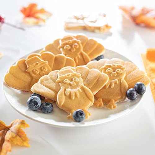 Thanksgiving Turkey Mini Waffle Maker - Make Holiday Breakfast Special for Kids & Adults w/ Cute Design, 4" Waffler Iron Electric Nonstick Appliance - Fun & Festive, Fall Gift, Recipes Included