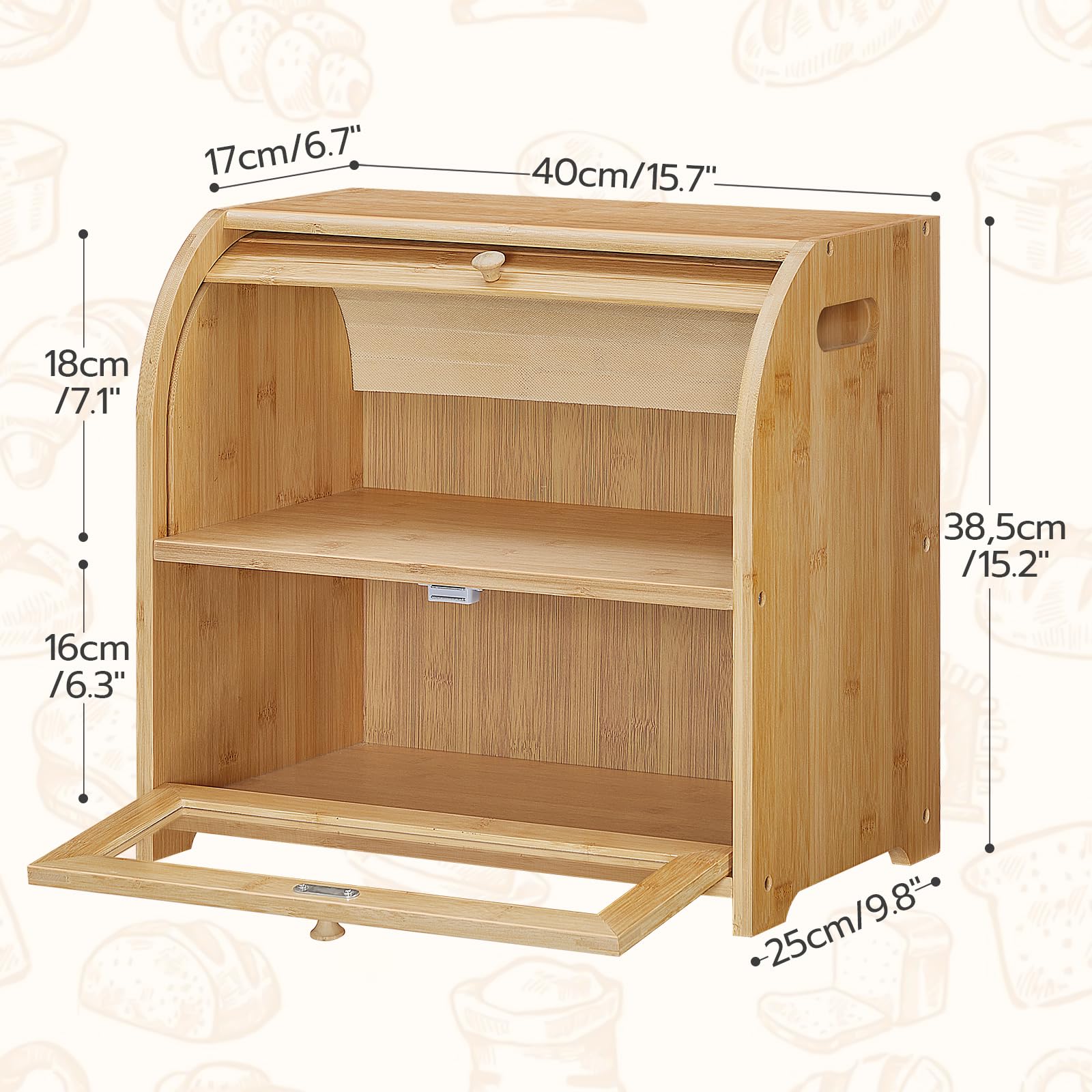 HOOBRO Bread Box, Bamboo Bread Box for Kitchen Countertop, 2 Tier Roll-Top Bread Bin, Food Storage Box, Large Capacity Keeper, Wooden Storage Cabinet, for Kitchen, Dining Room, Natural YL13MB01