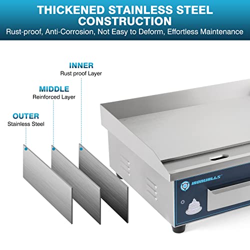 IRONWALLS Commercial Griddle Electric 22”, 3000W Electric Flat Top Grill, Stainless Steel Countertop Electric Griddle Nonstick with 122~572℉Adjustable Temperature Control for Restaurant Kitchen