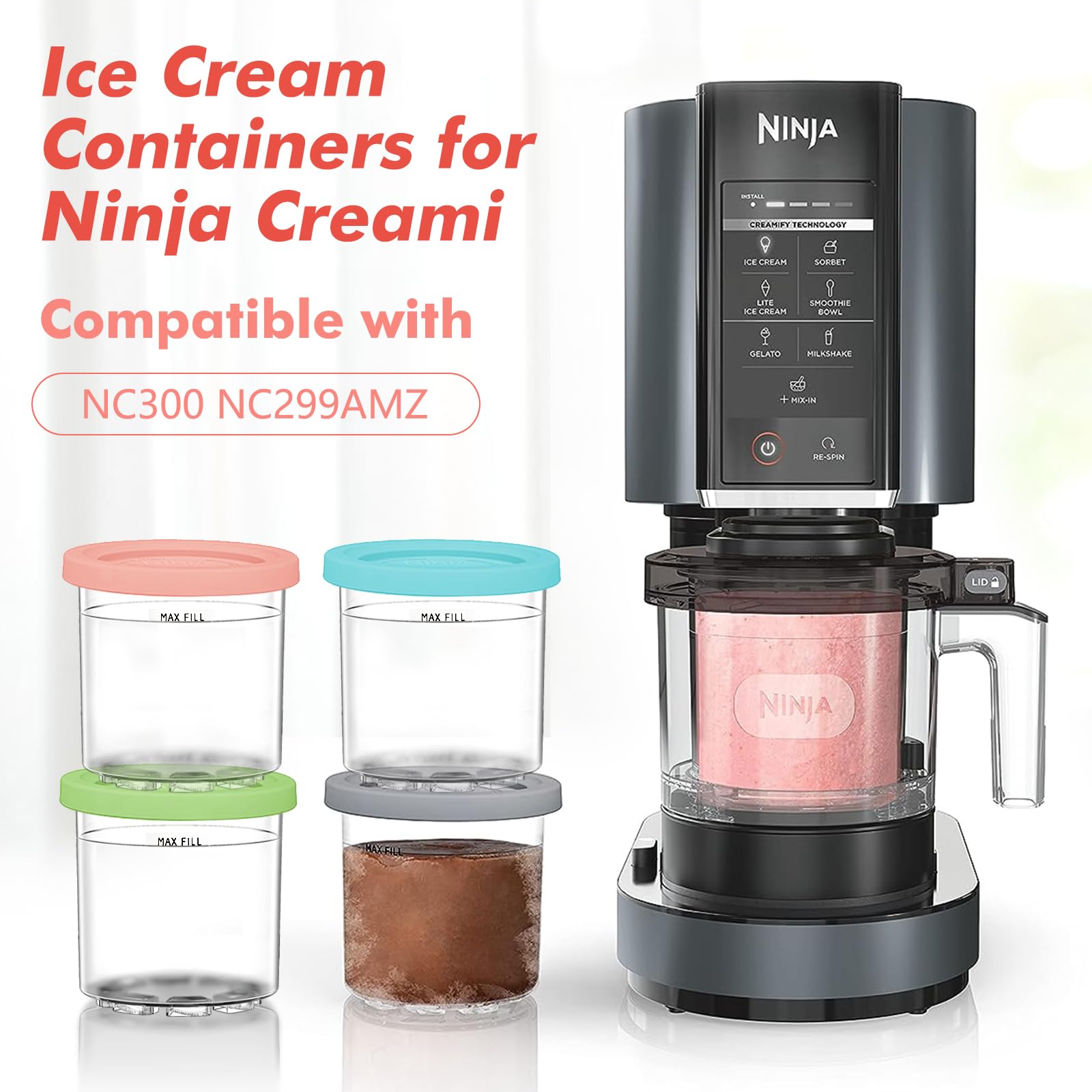 newkaijian Replacement For Ninja Creami Deluxe Pints and Lids-4 Pack & BPA Free, Dishwasher Safe, Colorful Lids, Clear Ice Cream Cups 16oz Compatible with NC300 NC299AMZ Ice Cream Maker