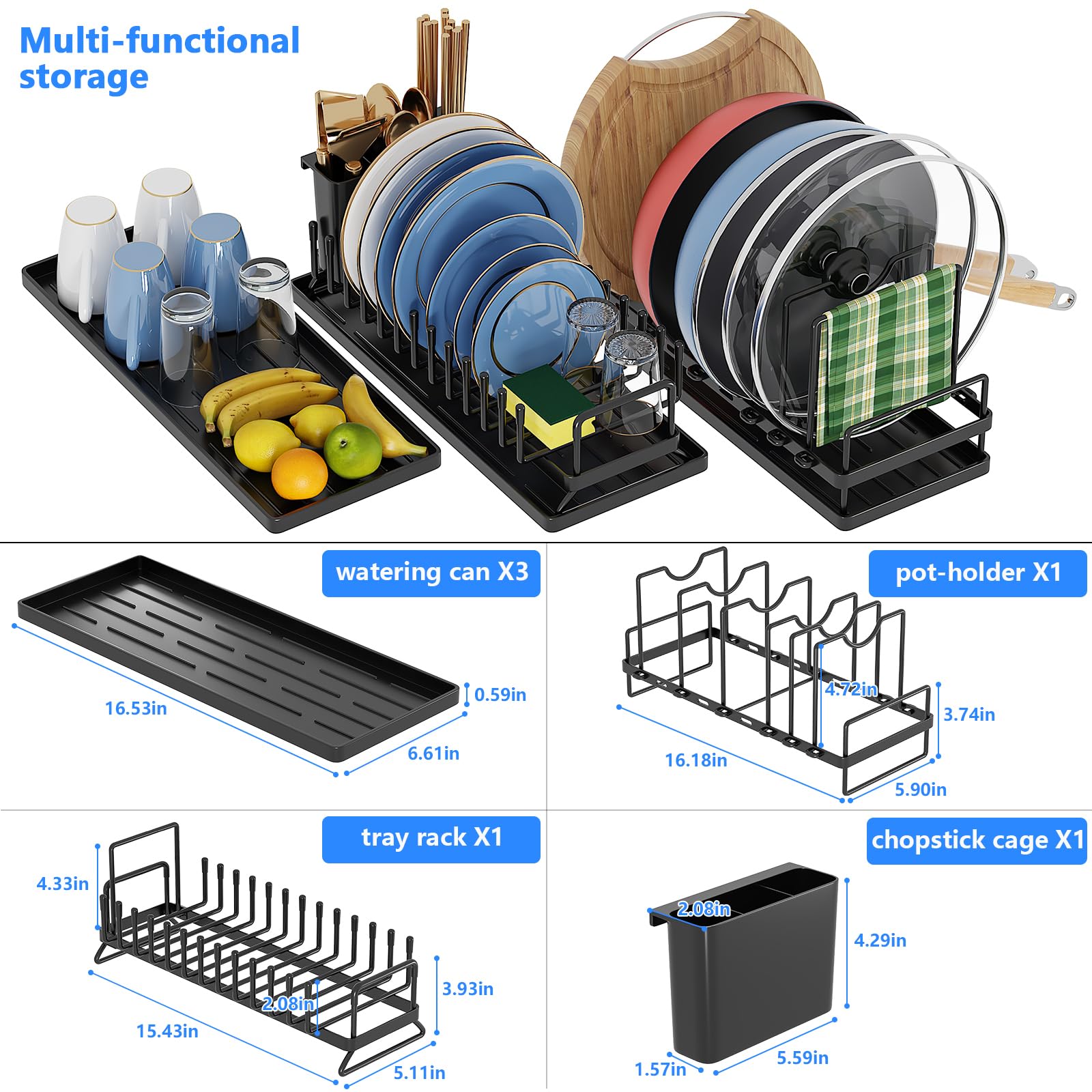 KEKAPE Multifunctional Stainless Steel Dish Drying Rack with Pots and Pans Storage Rack, Dish Drying Rack, Pots and Pans Storage Rack, Cup Rack Storage 3-Piece Set