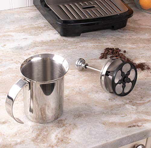 Fino Milk Creamer Frother Cappuccino Foam Pitcher with Handle and Lid, 18/8 Stainless Steel, 14-Ounce Capacity