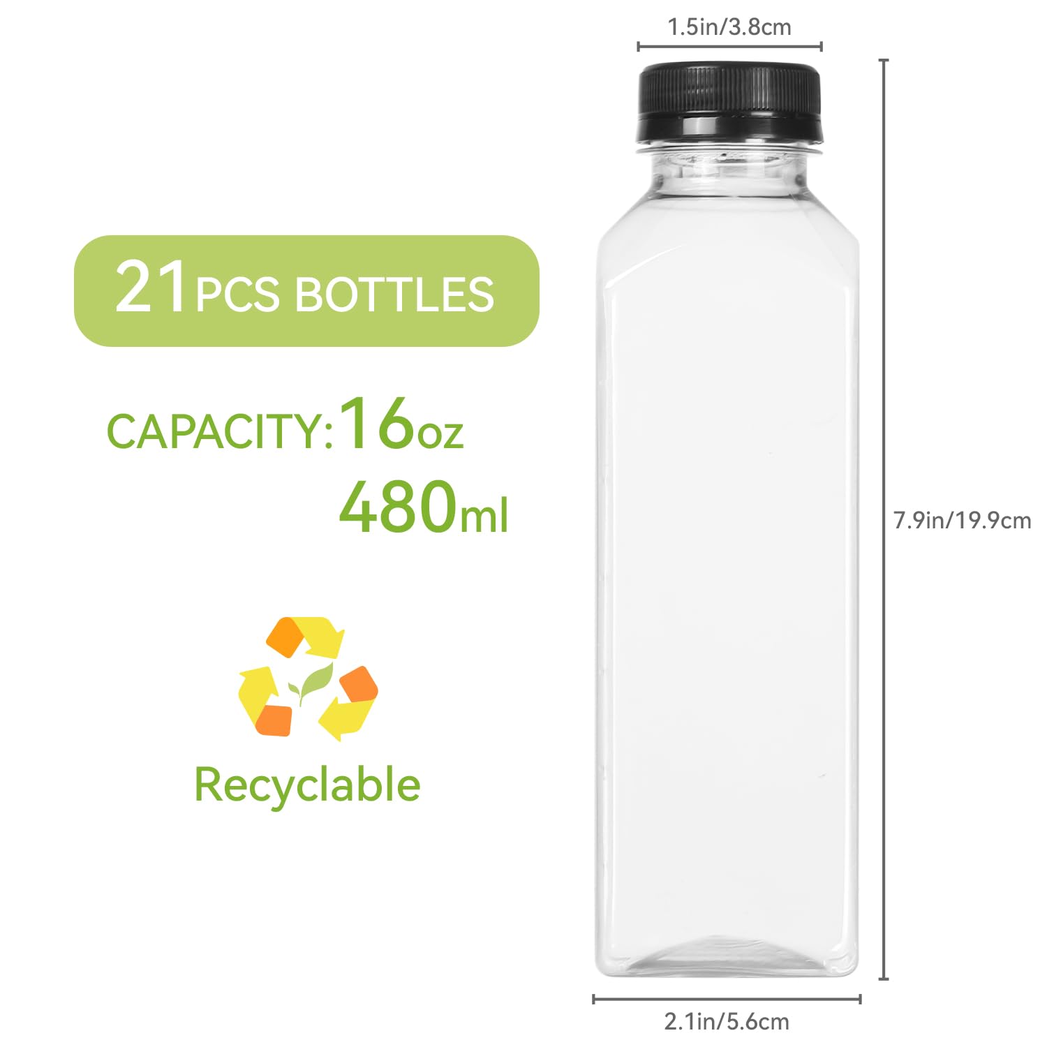 Party Club of America 21pcs 16oz Square Empty Reusable Juice Bottles With Caps,Label, Funnel, And Brush Drink Containers For Juicing Milkshake And Other Beverages