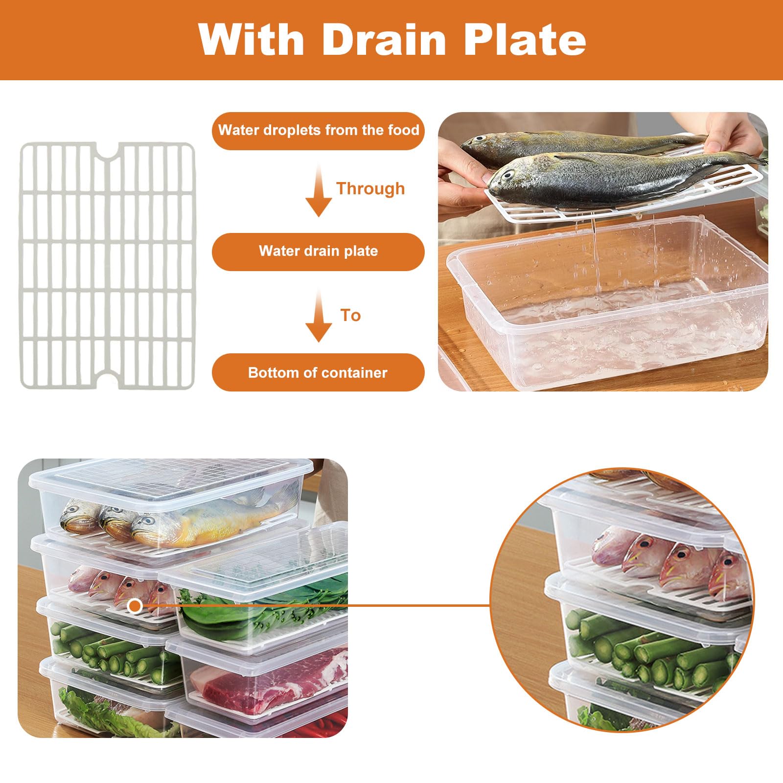 YAYODS 6 Pack Food Storage Containers for Fridge Plastic Refrigerator Storage Containers with Removable Drain Plate and Lid, Stackable Freezer Food Storage Containers for Fruits, Vegetables, Meat