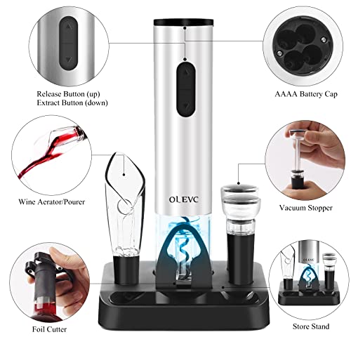 Olevc Rechargeable Electric Wine Bottle Opener, Automatic One-Button Corkscrew Opener Kit with Foil Cutter, Vacuum Stopper and Wine Aerator Pourer for Household Kitchen Party Bar(Stainless Steel)