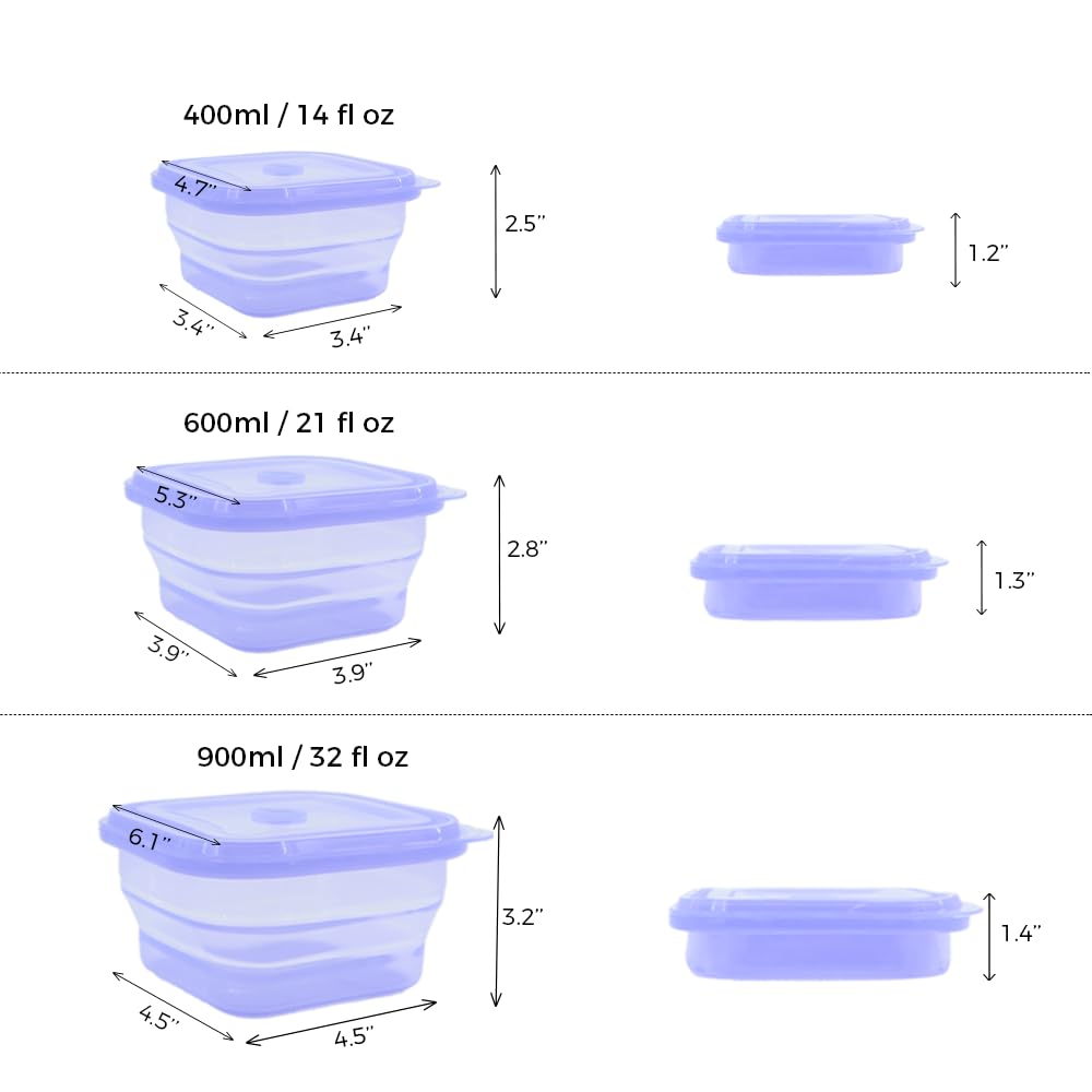 Durbl Collapsible Silicone Food Storage Containers with Silicone Airtight Lids-3 Pack (Violet), Reusable Stacking Lunch Boxes, Kitchen Stacking Container Set for Microwave Freezer Dishwasher Safe…