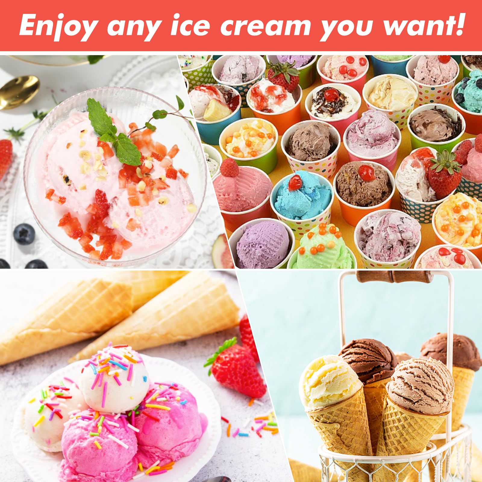 newkaijian Replacement For Ninja Creami Deluxe Pints and Lids-4 Pack & BPA Free, Dishwasher Safe, Colorful Lids, Clear Ice Cream Cups 16oz Compatible with NC300 NC299AMZ Ice Cream Maker