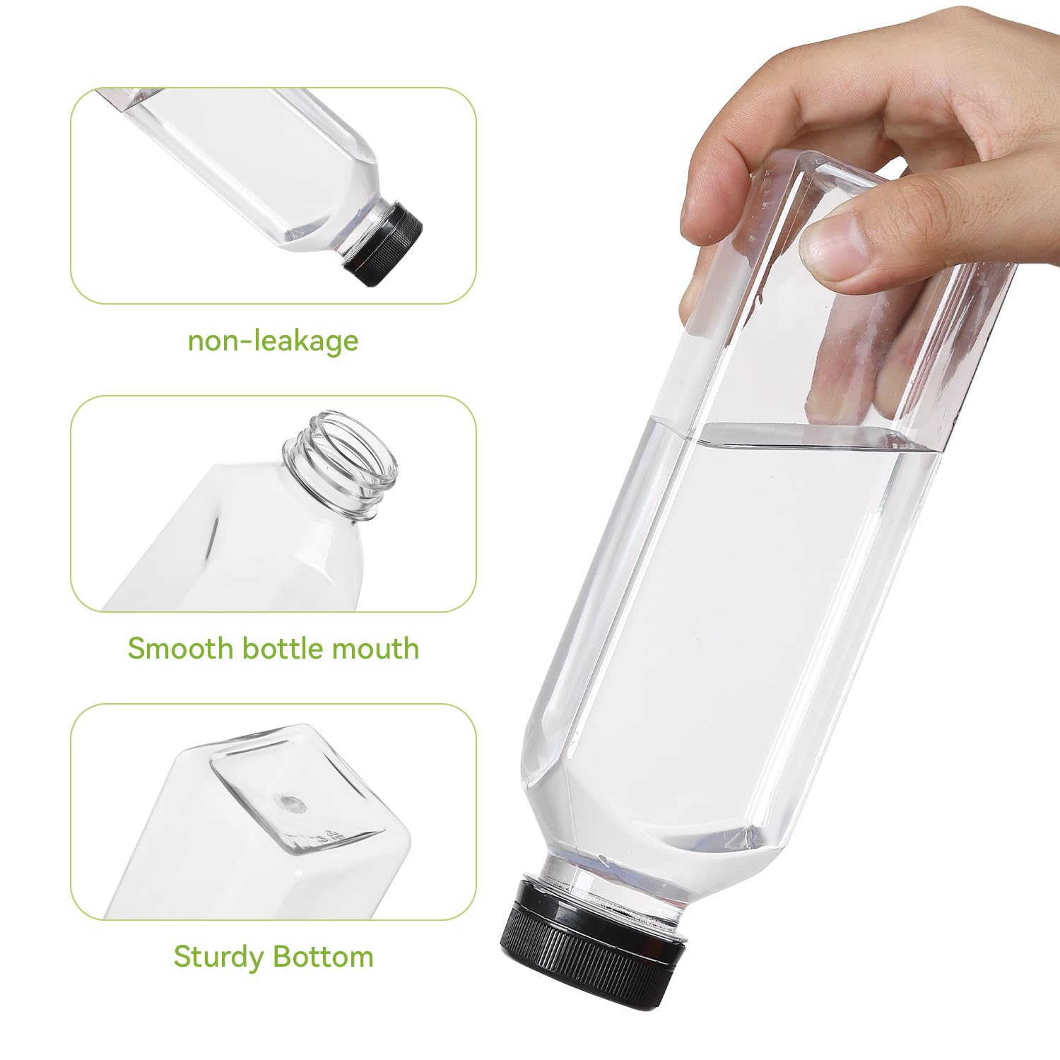 Party Club of America 21pcs 16oz Square Empty Reusable Juice Bottles With Caps,Label, Funnel, And Brush Drink Containers For Juicing Milkshake And Other Beverages