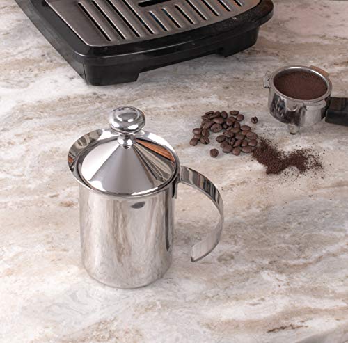 Fino Milk Creamer Frother Cappuccino Foam Pitcher with Handle and Lid, 18/8 Stainless Steel, 14-Ounce Capacity