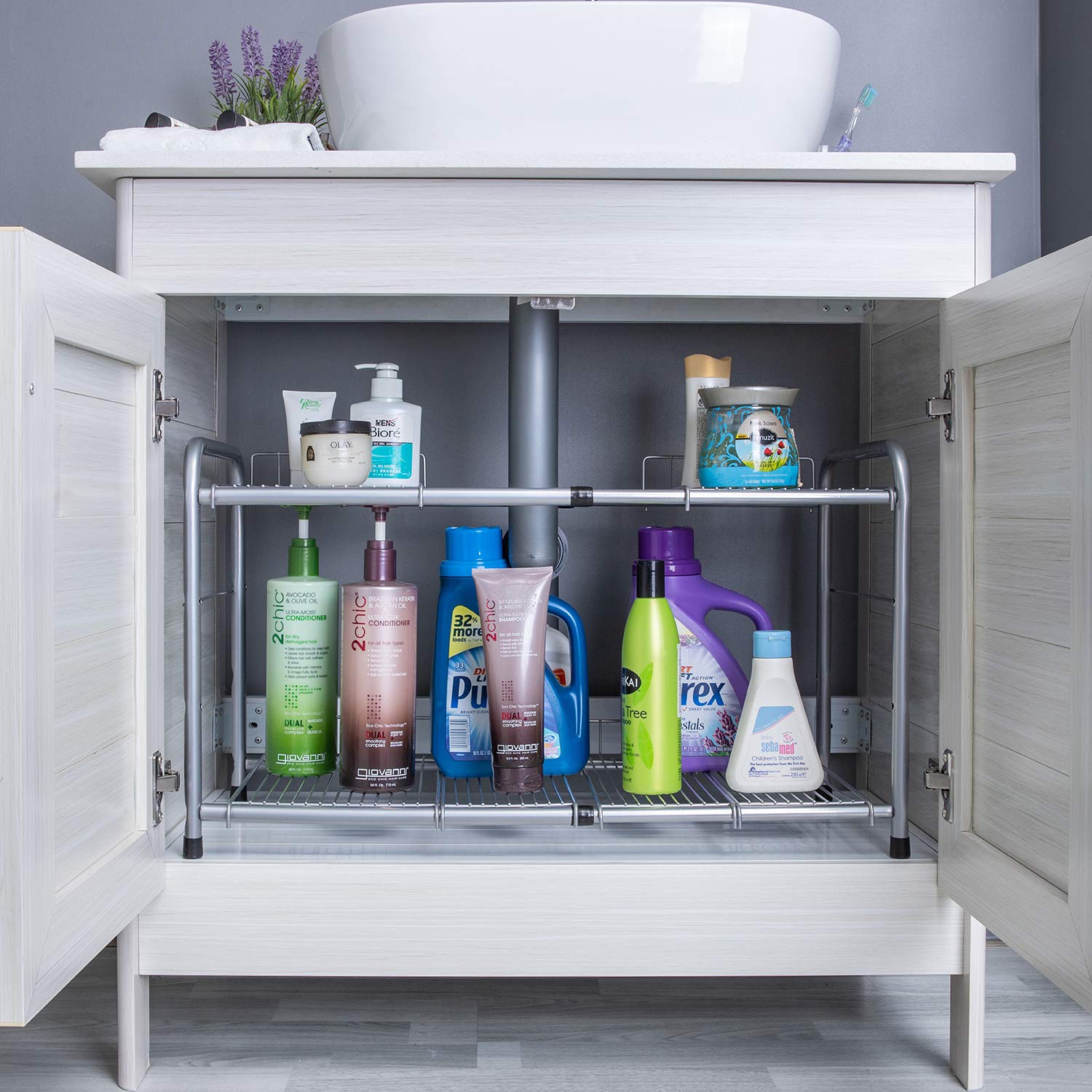 Flagship 2 Tier Under Sink Organizers and Storage Rack Expandable Cabinet Shelf Rack for Kitchen Bathroom Silver (16-25 inches)