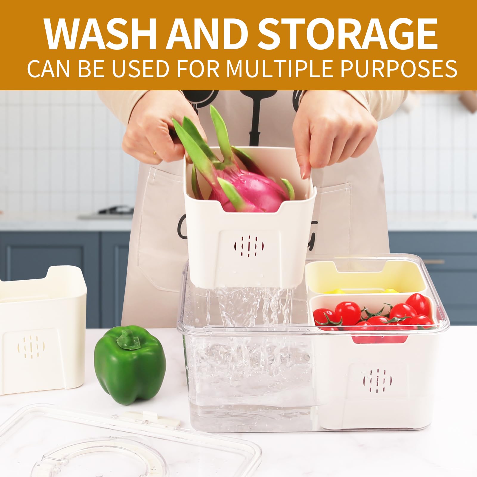 Fruit Storage Containers for Fridge with Lids & 4 Removable Colanders, Airtight Food Box Container, Kitchen Organizers and Storage, Food Storage Containers, Clear Fridge Organizer Bins, BPA-Free