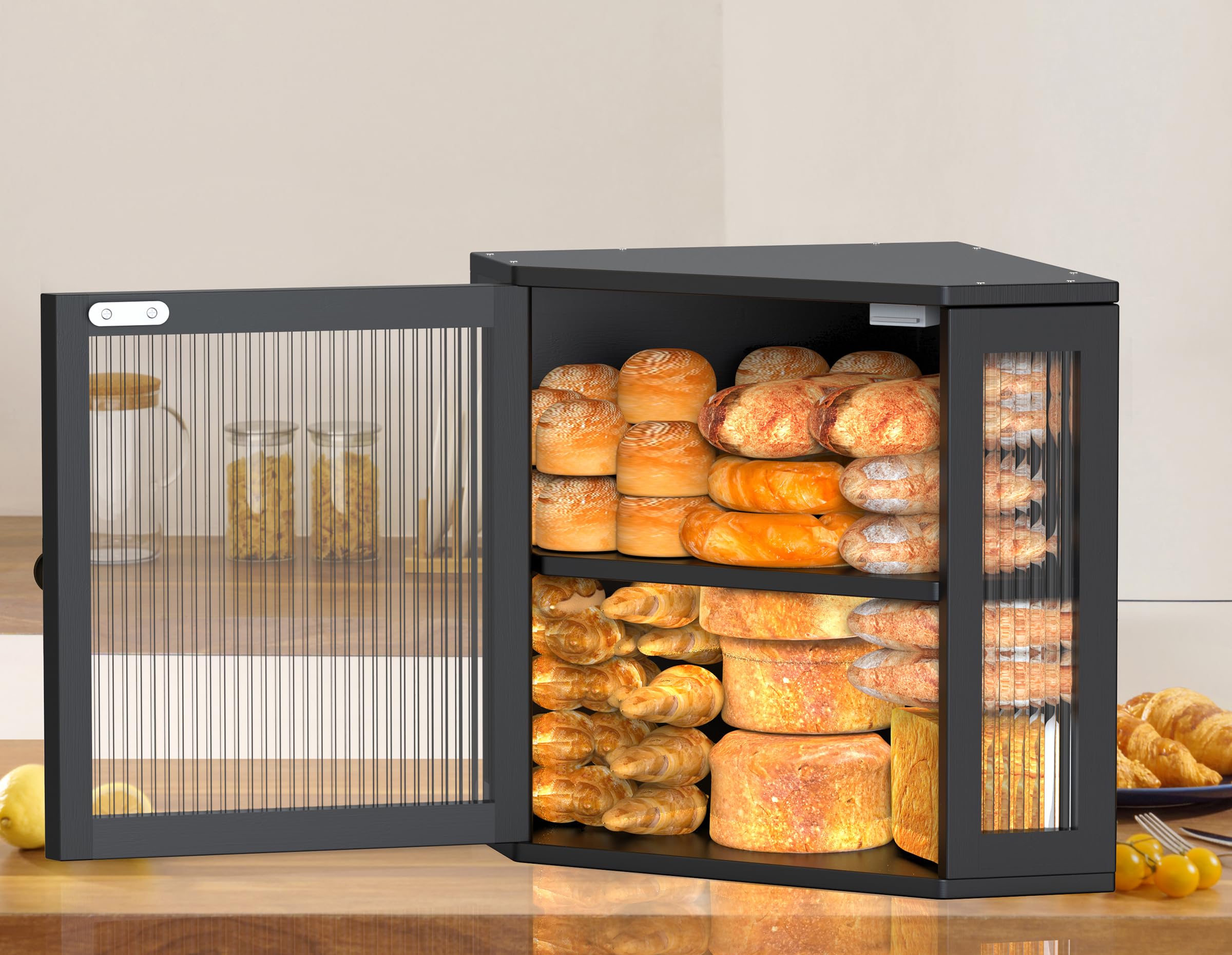 Corner Bread Box Extra Large Bamboo Wood Bread Box for Kitchen Countertop - Double Bread Container with Adjustable Height - Modern Black Easy To Assemble