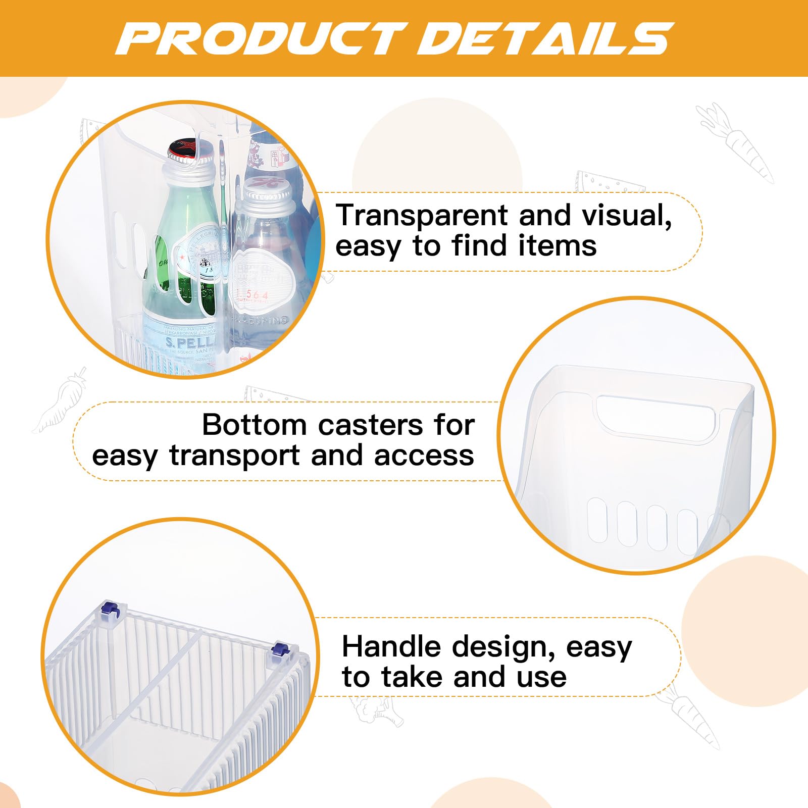 Beeveer 4 Pcs Plastic Freezer Organizer Bins with Wheel Tall Narrow Kitchen Pantry Organizer Snack Storage Containers for Office Refrigerator(10 x 13.3 x 5.5 Inch)