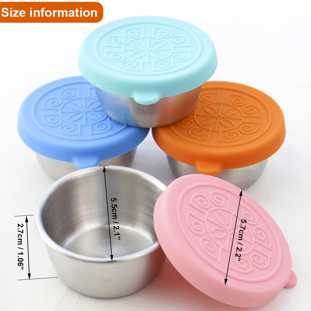 HENGKE 4 Pcs Stainless Steel Dressing Container with Silicone 1.35oz Lids Salad Dressing Container Reusable Condiment Containers with Leakproof Rainbow Color Lids Easy Open Small Sauce Cups