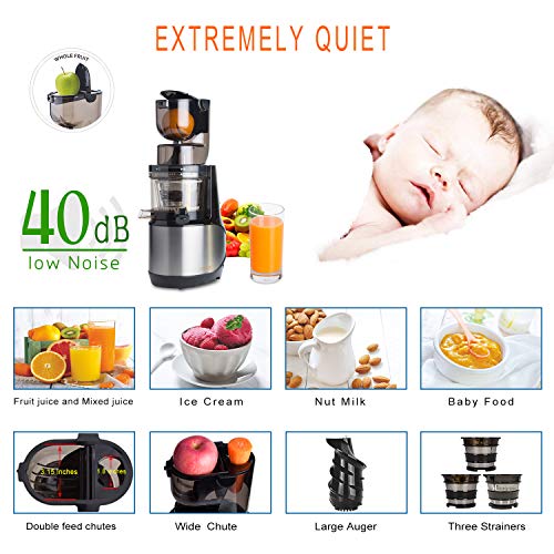 Masticating Juicer,Whole Slow Juicer Extractor by Vitalisci,Cold Press Juicer Machine,Anti-Oxidation for Fruit and Vegetable,Easy to Clean and BPA Free,(300W AC Motor/3.15" Wide Chute/40 RPMs)-Silver
