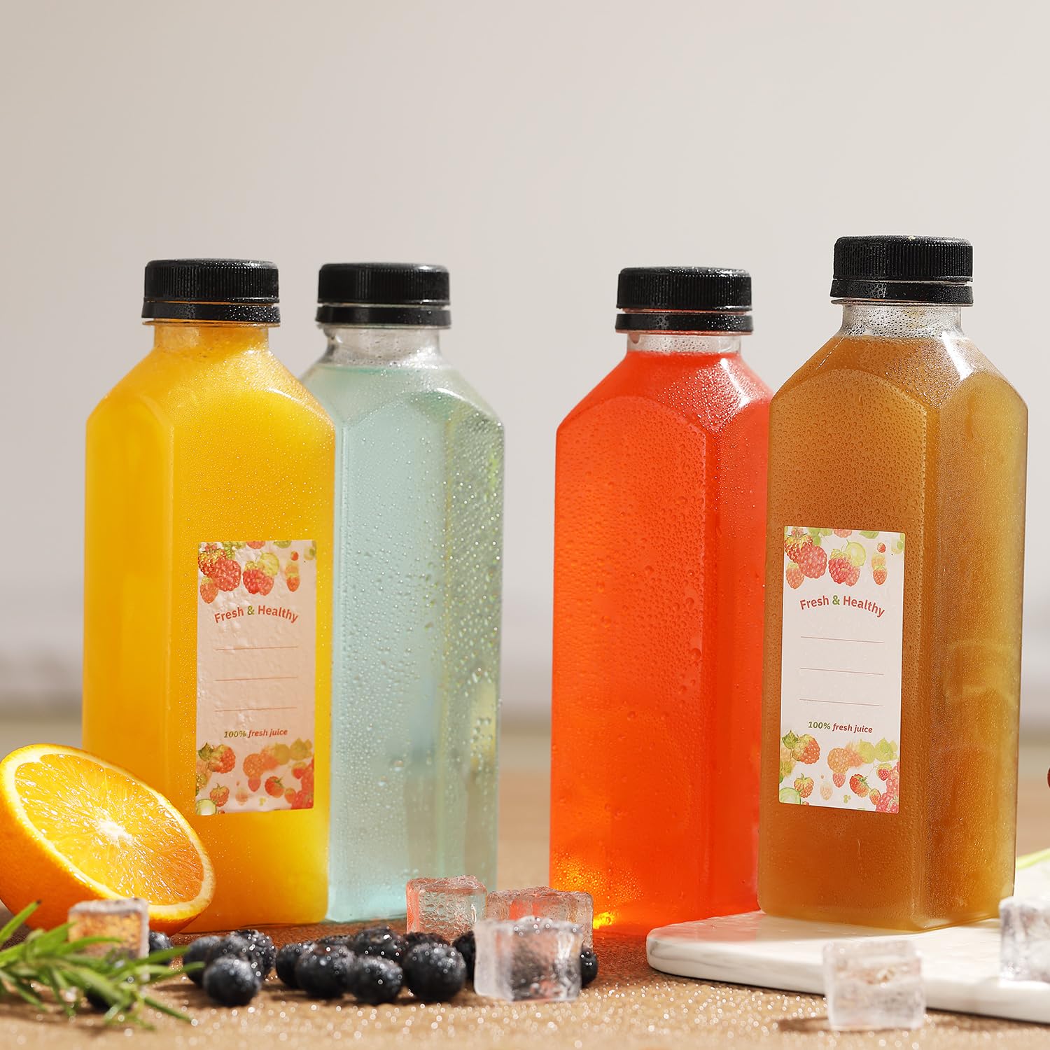 Party Club of America 21pcs 16oz Square Empty Reusable Juice Bottles With Caps,Label, Funnel, And Brush Drink Containers For Juicing Milkshake And Other Beverages