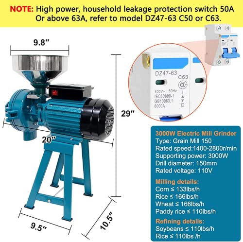 Electric Grinder, Woueniut High Power Adjustable Thickness Grain Mill Electric, Wet and Dry Powder Machine for Spices Seeds Herb Rice Corn (Wet and Dry)