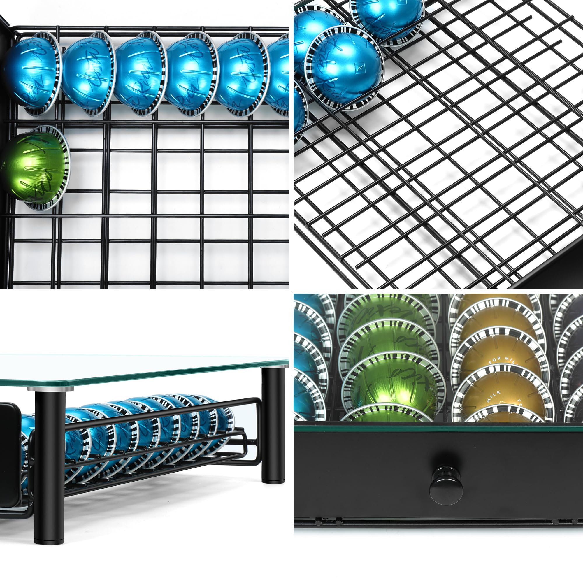 ROWISE Coffee Pod Drawers, Crystal Tempered Glass Pod Holder Drawer Compatible with Nespresso Capsules, Holds Up to 40 Capsules, Size 13"x14.7"x3.5"