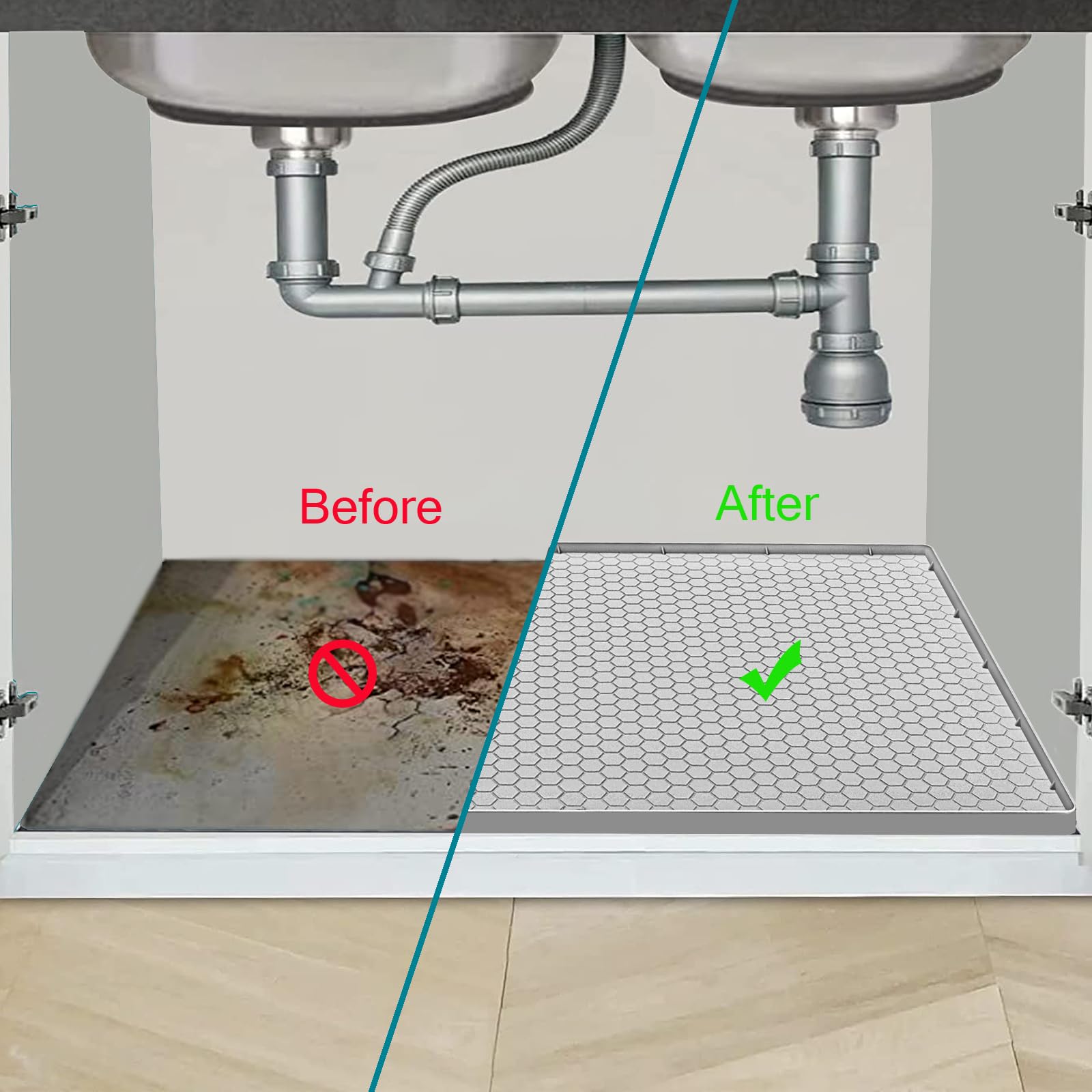 Jacooxi Under Sink Mat 28 x 19 for Kitchen Waterproof, Silicone Under Sink Liner, Bathroom Kitchen Cabinet Protector Mat, Easy to Clean Cabinet Mat Organizers and Storage, Light Grey