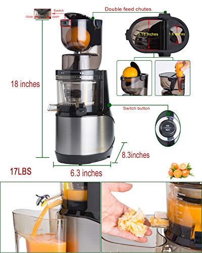 Masticating Juicer,Whole Slow Juicer Extractor by Vitalisci,Cold Press Juicer Machine,Anti-Oxidation for Fruit and Vegetable,Easy to Clean and BPA Free,(300W AC Motor/3.15" Wide Chute/40 RPMs)-Silver