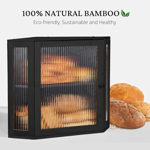 BRONYPRO Double Layer Corner Bread Box for Kitchen Counter with Height-adjustable Partition, Large Black Bamboo Wooden Bread Box for Multiple Loaves, Modern Breadbox for Kitchen Countertop