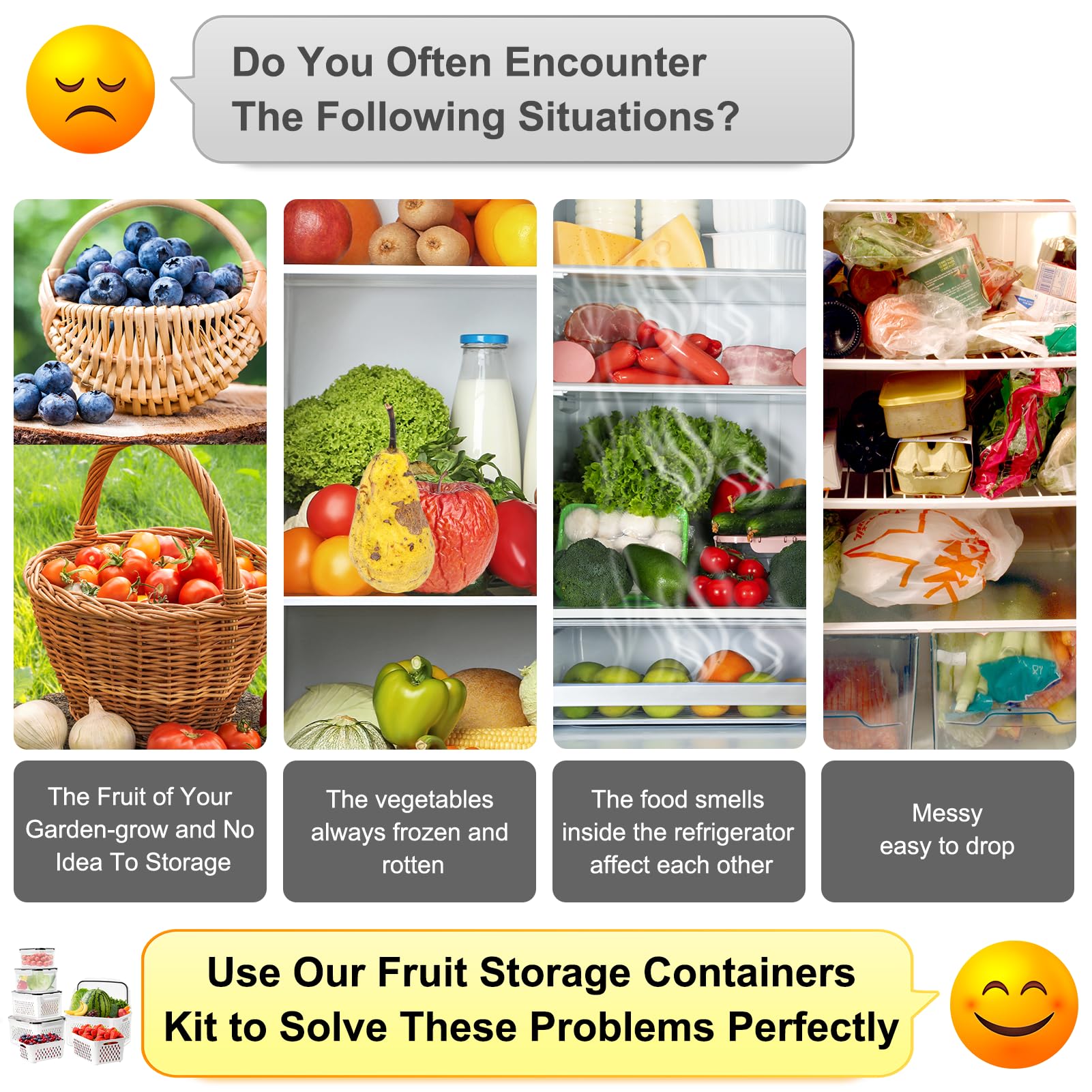 KETNET 5 Size Fruit Vegetable Storage Containers for Fridge with Colander and Lid Refrigerator Storage Containers Bins Organizer for Fruit Food Produce, Lettuce Keeper Keep Fruit Fresh Longer