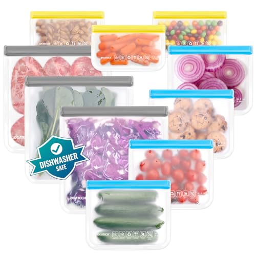 Dishwasher Safe Reusable Storage Bags, 10Pack Leakproof Reusable Freezer Bags, BPA Free PEVA Reusable Sandwich Bags, Food Storage Bags(10Pack-3 Gallon + 4 Sandwich + 3 Snack)