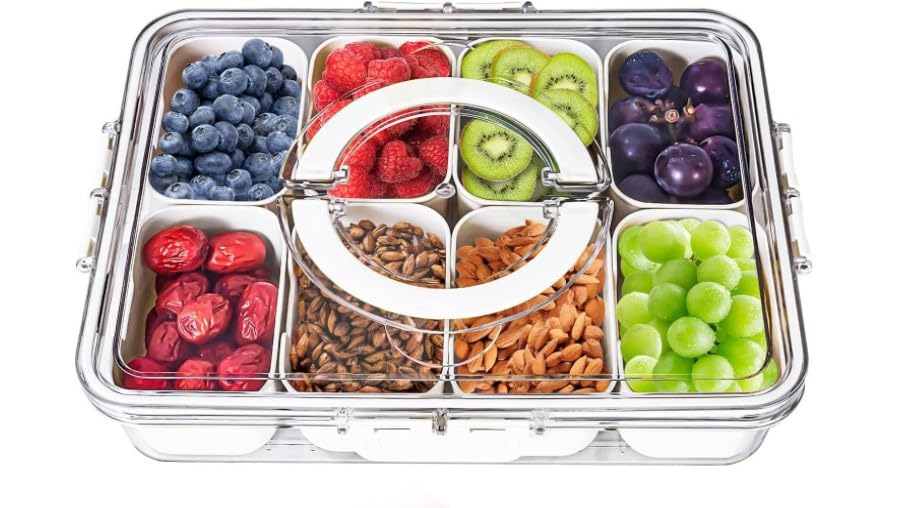 Generic Divided Food Snack Box with Lid and Handle | 8 Removable Compartments | Snackle Box | Portable Snack Platter, Clear