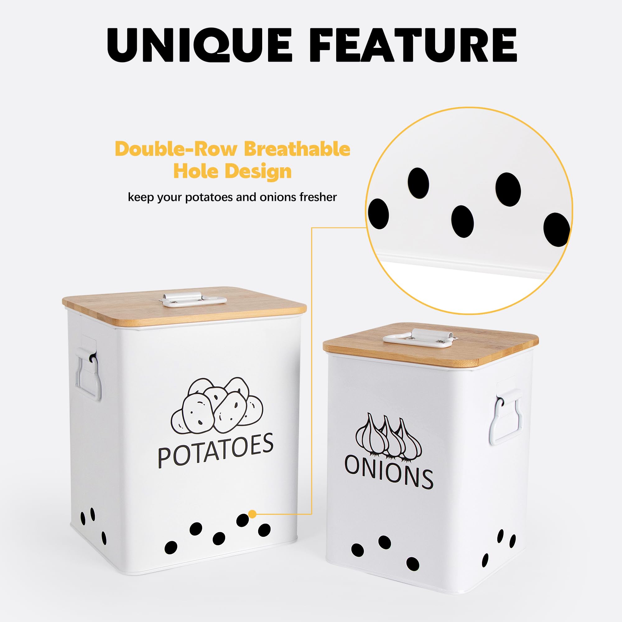 Potato and Onion Storage Bin, Set of 2 Vegetable Storage Tins with Wooden Lids & Side Handles, Dual-row Ventilation Holes, Farmhouse Metal Kitchen Canisters Sets, White