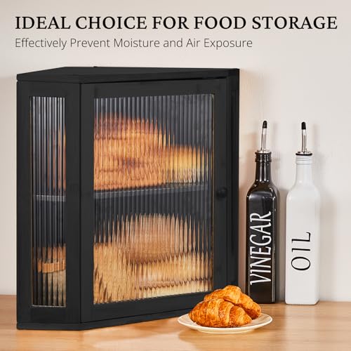 BRONYPRO Double Layer Corner Bread Box for Kitchen Counter with Height-adjustable Partition, Large Black Bamboo Wooden Bread Box for Multiple Loaves, Modern Breadbox for Kitchen Countertop