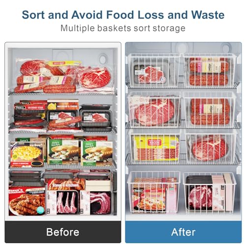 iSPECLE Upright Freezer Organizer Bins - 6 Pack Medium Stand up Freezer Baskets for 14 to 15.5 cu.ft Freezer, Easily Sort and Get Food, Air Circulation Stop Food Sliding out from Freezer, White