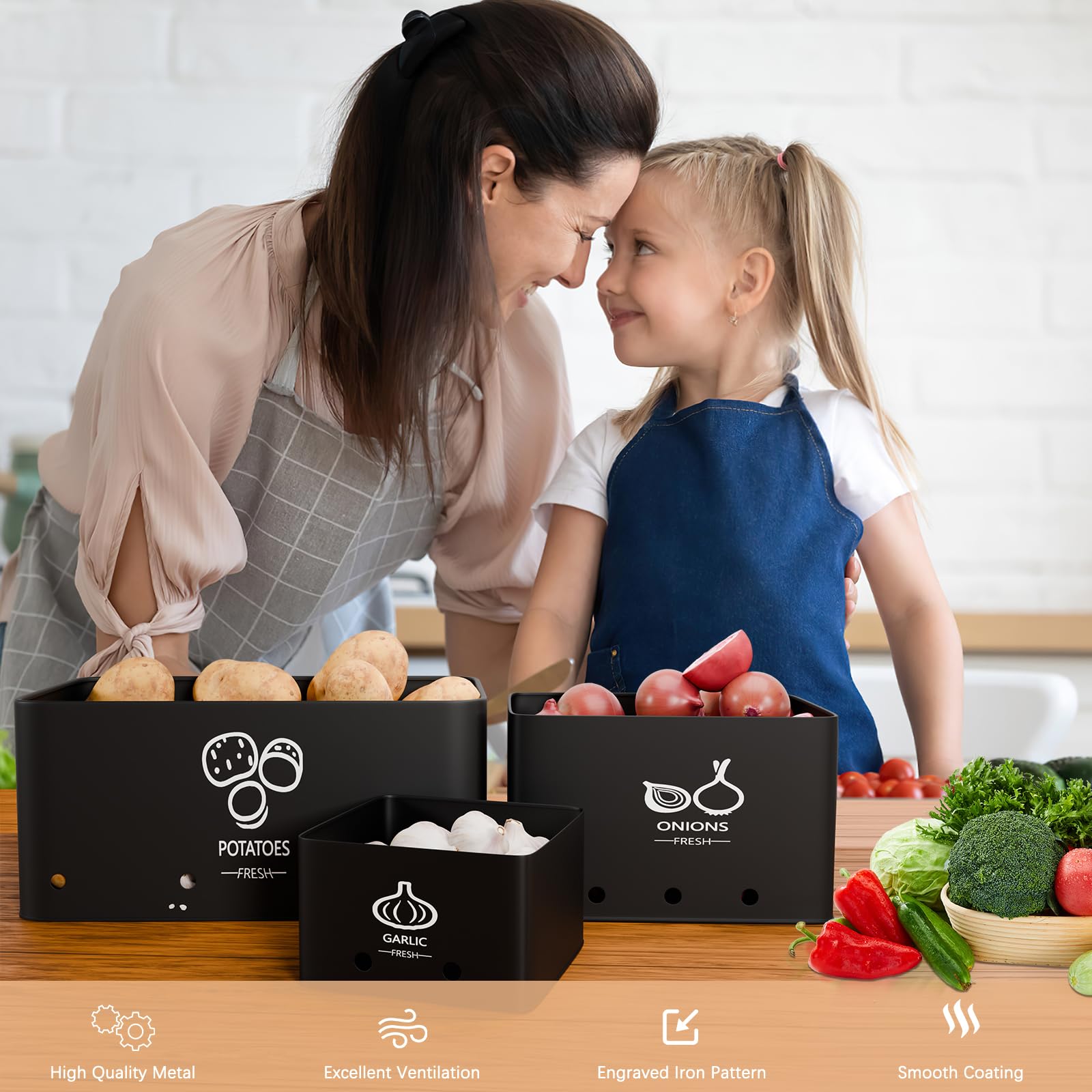 Surmol Potato and Onion Storage Bin,Kitchen Vegetable Storage Tins for Potato Onion & Garlic, Metal 3 Pack Kitchen Organizers and Storage With Aerating Holes and Wooden Lid (Black), 41545