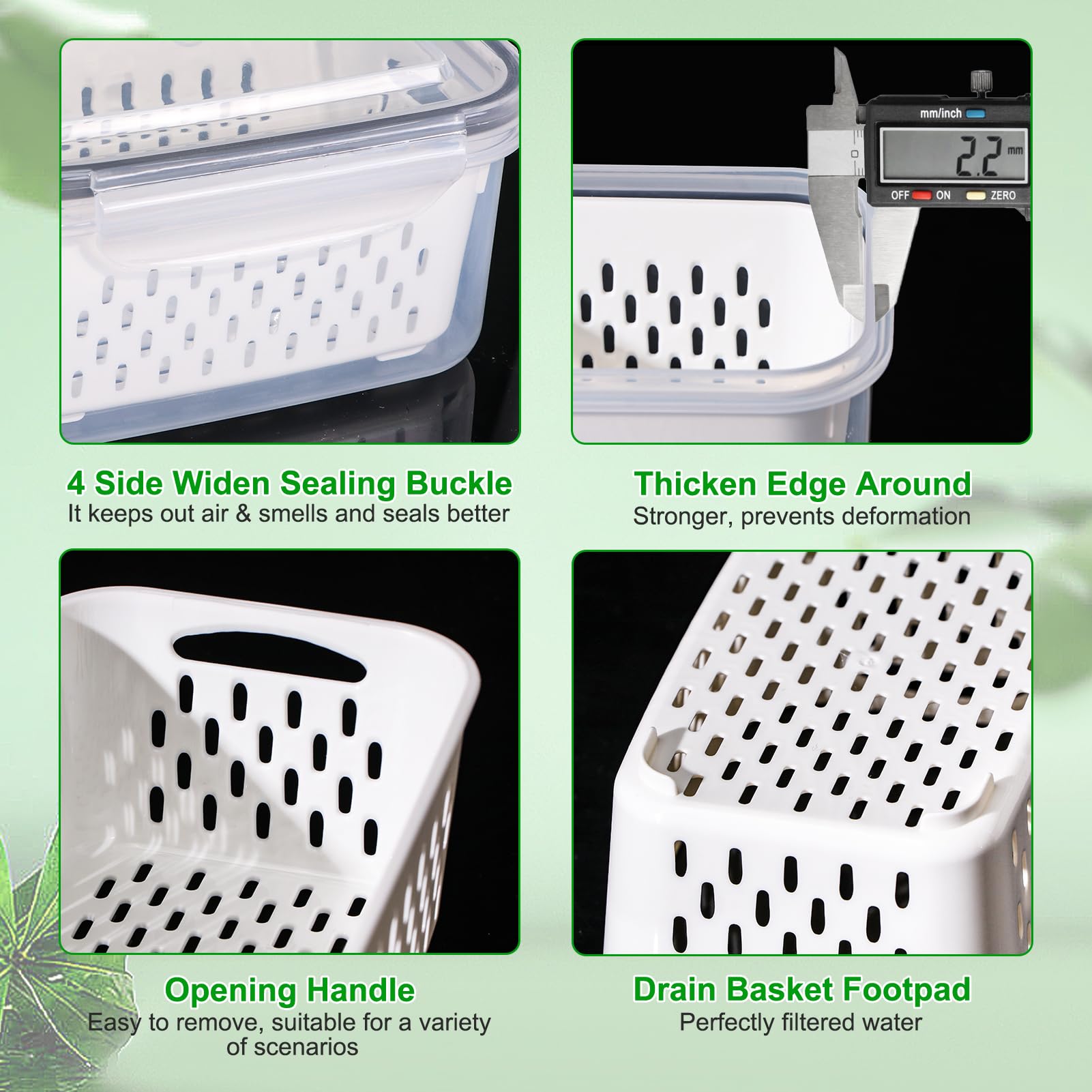 KETNET 5 Size Fruit Vegetable Storage Containers for Fridge with Colander and Lid Refrigerator Storage Containers Bins Organizer for Fruit Food Produce, Lettuce Keeper Keep Fruit Fresh Longer