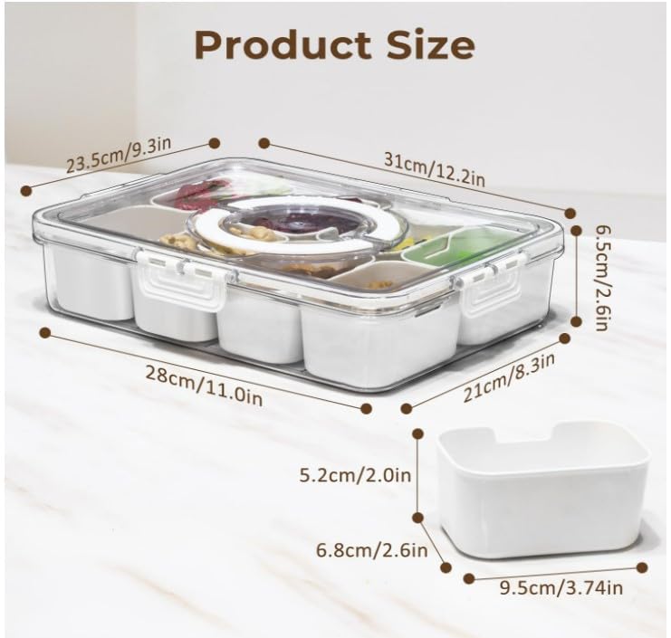 Generic Divided Food Snack Box with Lid and Handle | 8 Removable Compartments | Snackle Box | Portable Snack Platter, Clear
