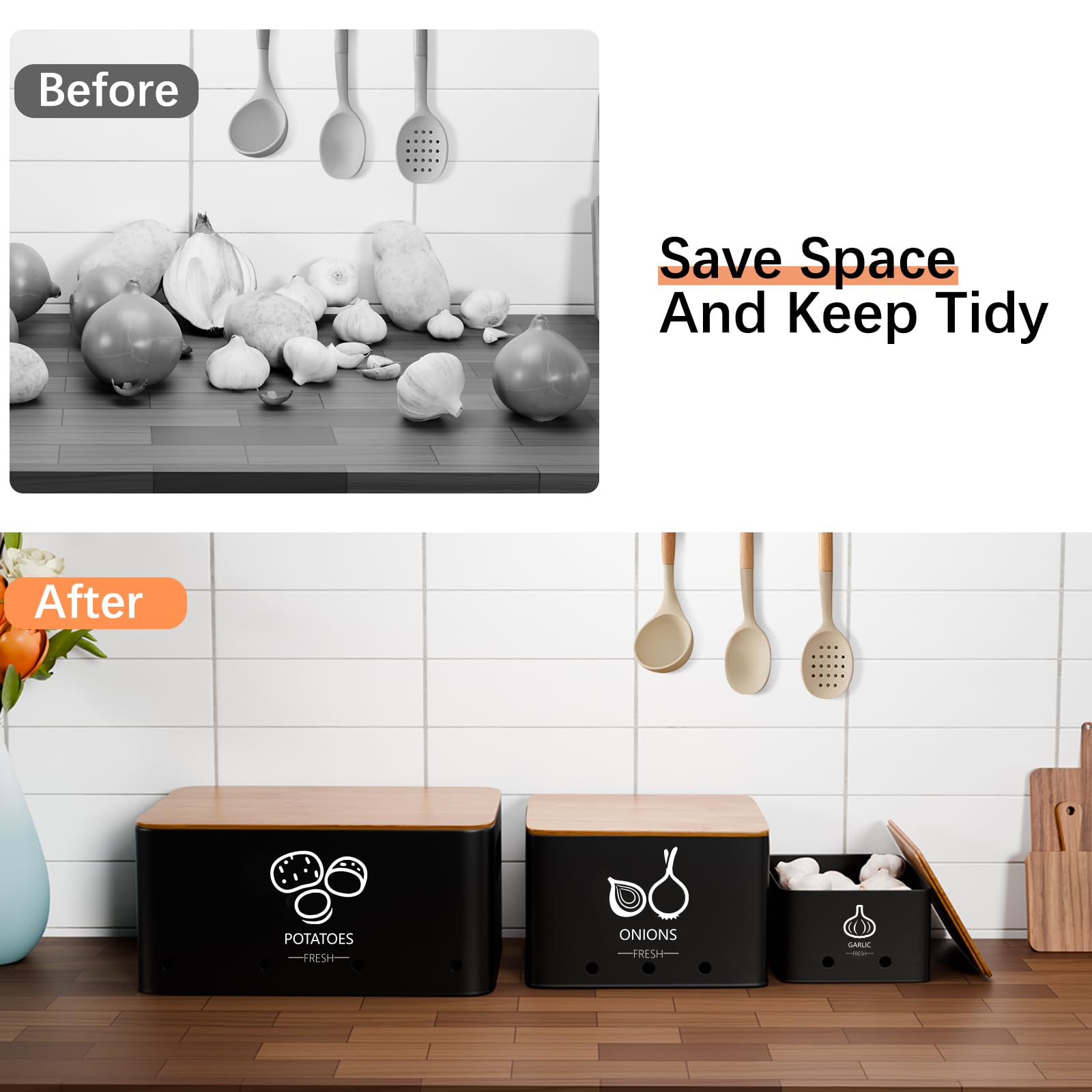 Surmol Potato and Onion Storage Bin,Kitchen Vegetable Storage Tins for Potato Onion & Garlic, Metal 3 Pack Kitchen Organizers and Storage With Aerating Holes and Wooden Lid (Black), 41545