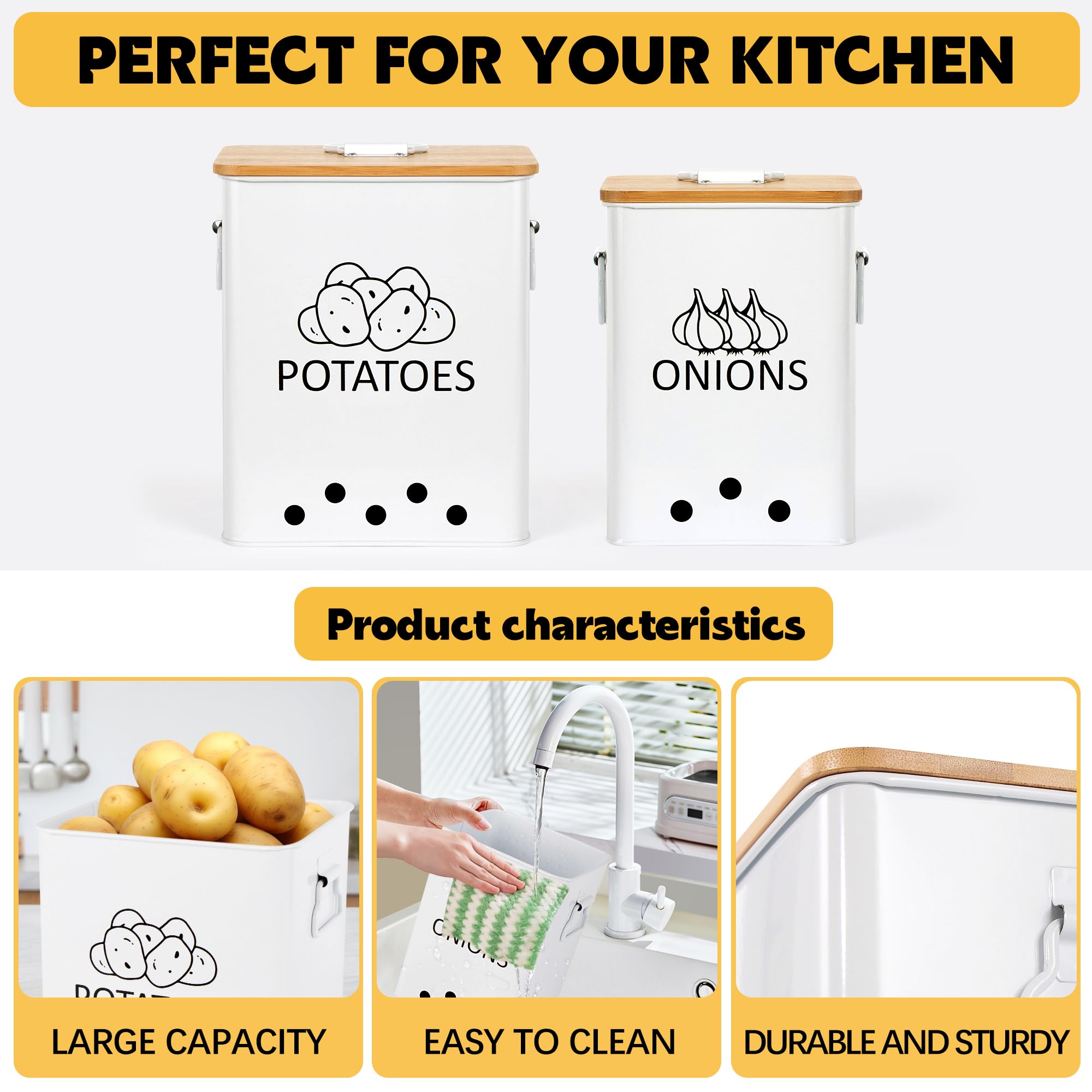 Potato and Onion Storage Bin, Set of 2 Vegetable Storage Tins with Wooden Lids & Side Handles, Dual-row Ventilation Holes, Farmhouse Metal Kitchen Canisters Sets, White