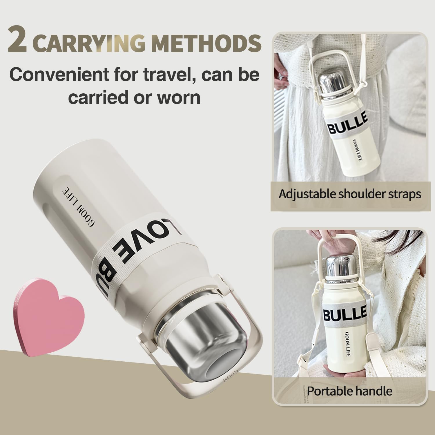 GOOM The Grip 32 oz Water Bottles for Hot and Cold Drinks,18/10 Stainless Steel Insulated Water Bottle with Lid, Carrying Strap,Strainer,7-Layer Insulation,Wide Mouth - White