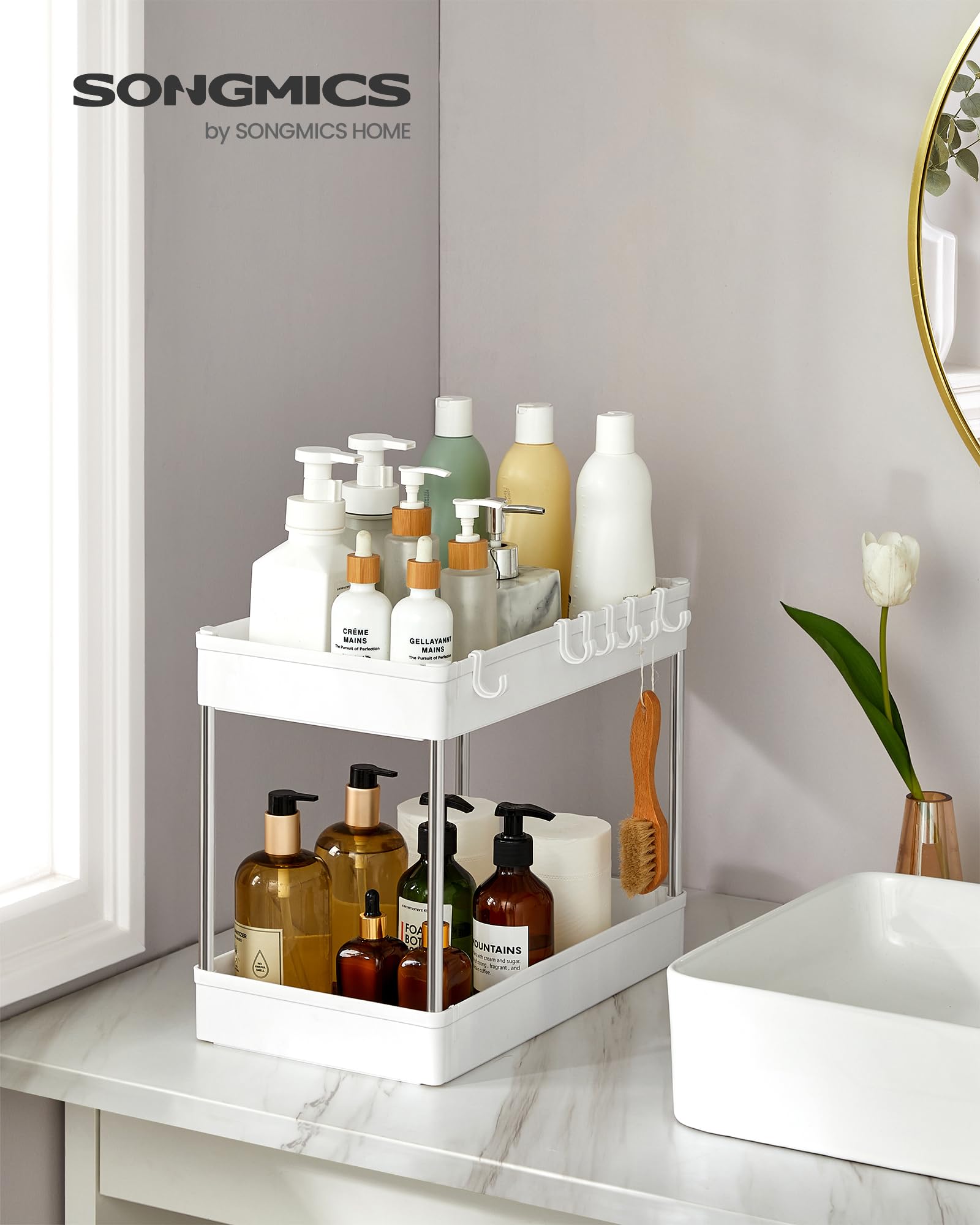 SONGMICS Under Sink Organizers and Storage, 2-Tier Bathroom Organizer Under Sink, Under Cabinet Storage, Kitchen Cabinet Organizers and Storage, 15.7 x 8.7 x 12.2 Inches, White UBUO001W01