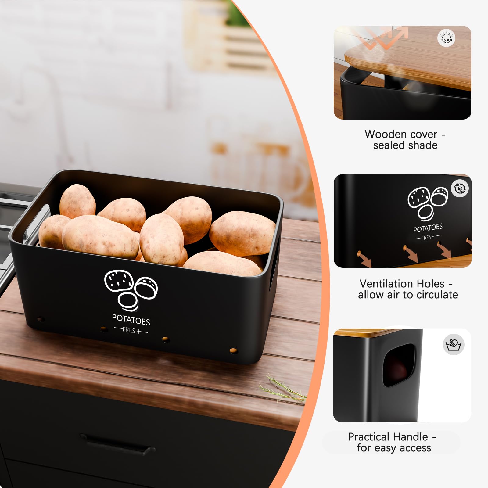 Surmol Potato and Onion Storage Bin,Kitchen Vegetable Storage Tins for Potato Onion & Garlic, Metal 3 Pack Kitchen Organizers and Storage With Aerating Holes and Wooden Lid (Black), 41545