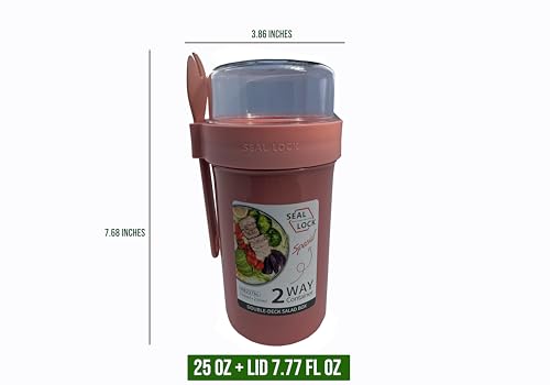 BSOV 2 in 1 Salad To Go Container Lid & Cereal Oats Yogurt Take Out Container with Fork & Dressing Pod, On the Go Portable Food Meal Prep Storage for Lunch and Jar, 3 Compartments (Pink)