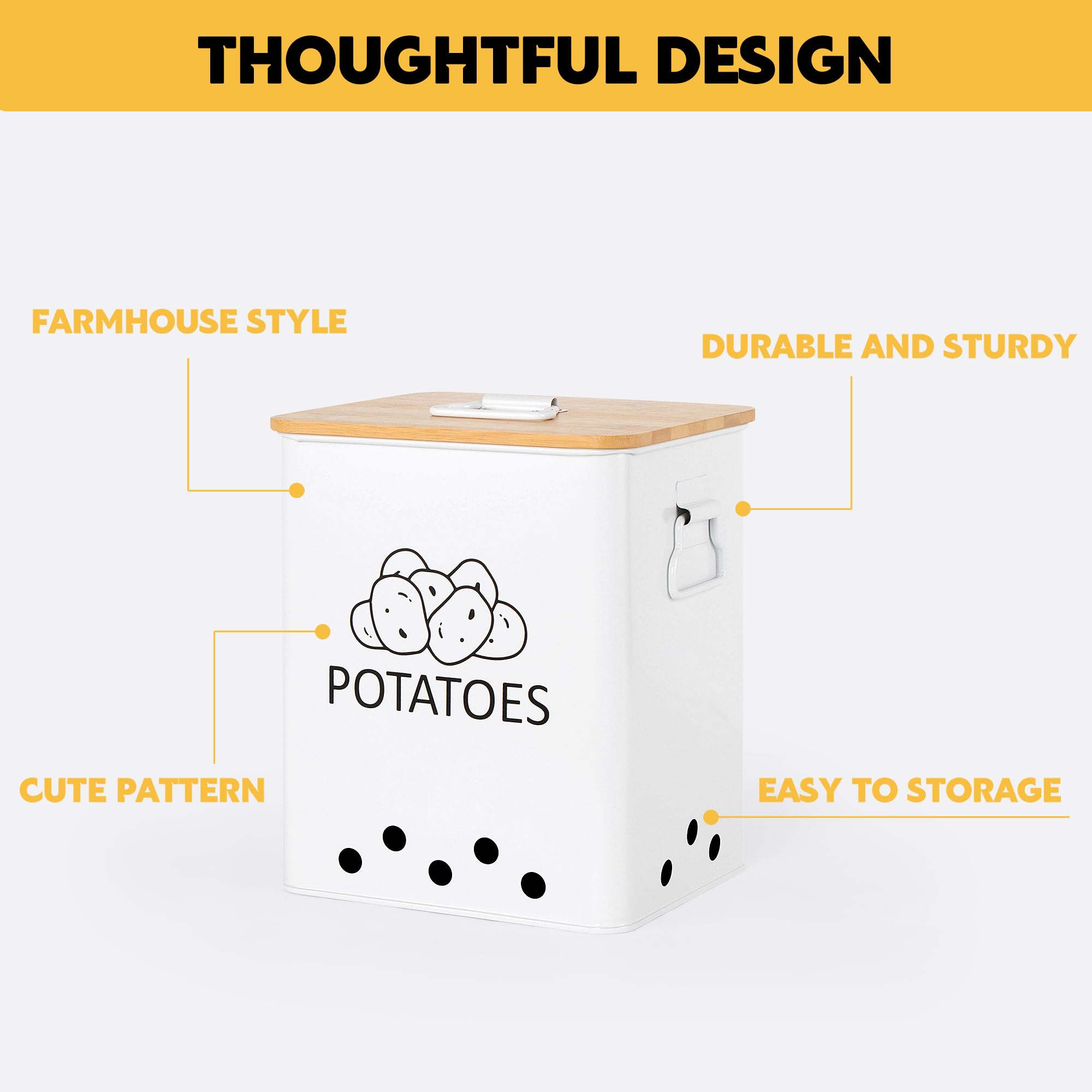 Potato and Onion Storage Bin, Set of 2 Vegetable Storage Tins with Wooden Lids & Side Handles, Dual-row Ventilation Holes, Farmhouse Metal Kitchen Canisters Sets, White