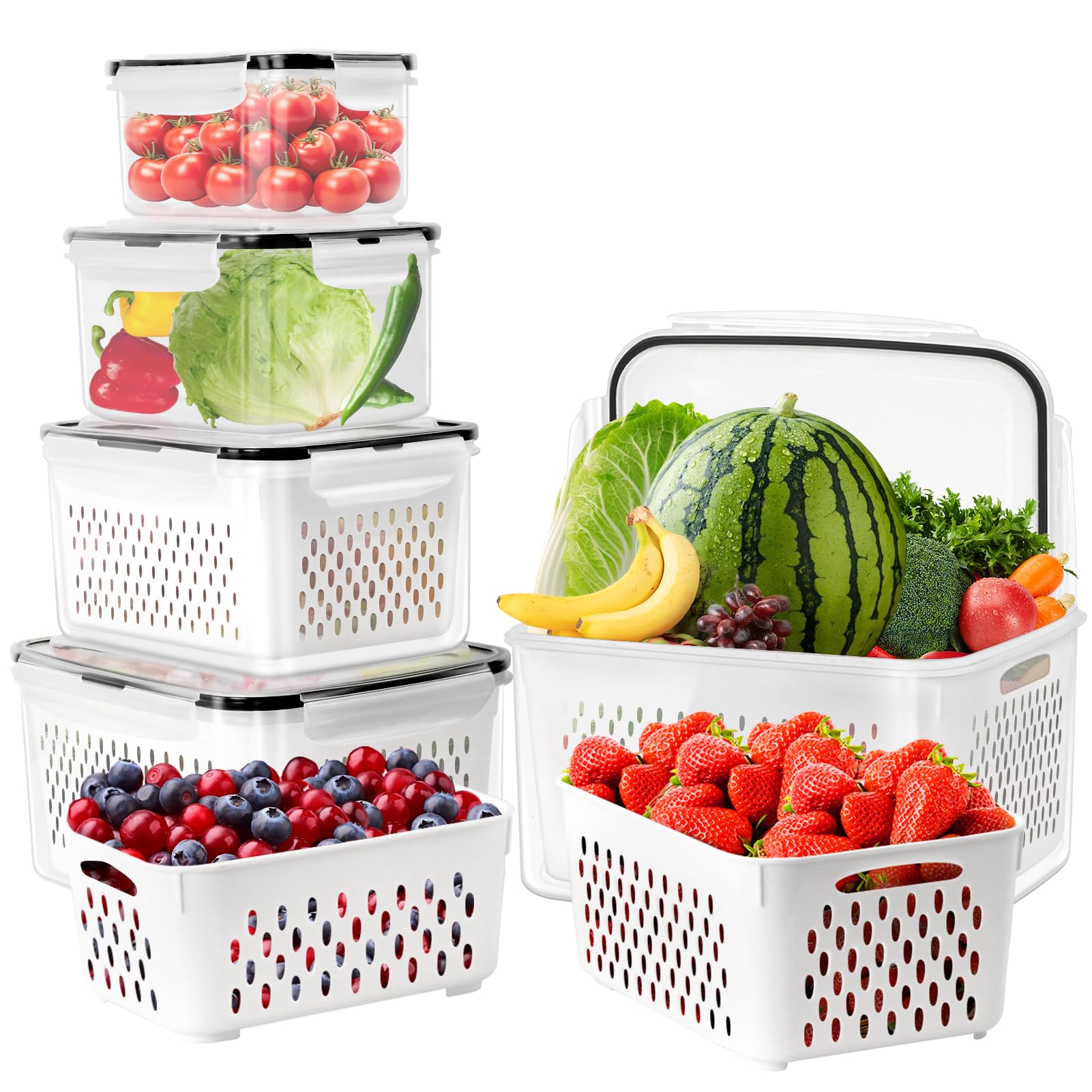 KETNET 5 Size Fruit Vegetable Storage Containers for Fridge with Colander and Lid Refrigerator Storage Containers Bins Organizer for Fruit Food Produce, Lettuce Keeper Keep Fruit Fresh Longer
