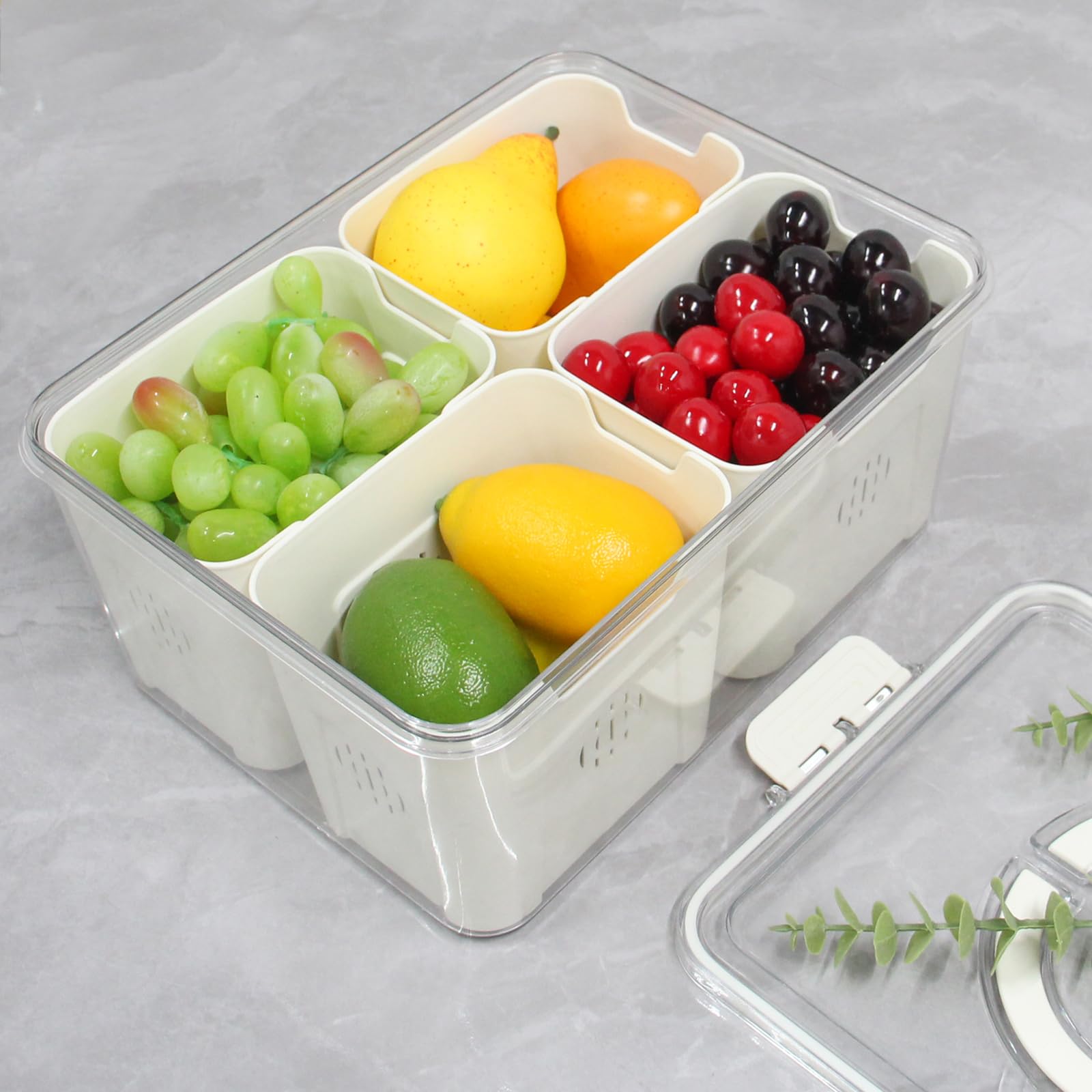 Fruit Storage Containers for Fridge, Fridge Organizer Containers for Food, Fruit Containers with Lid, Divided Serving Tray with Handle, Kitchen Organizers and Storage for Fruit Berry Veggie Vegetable
