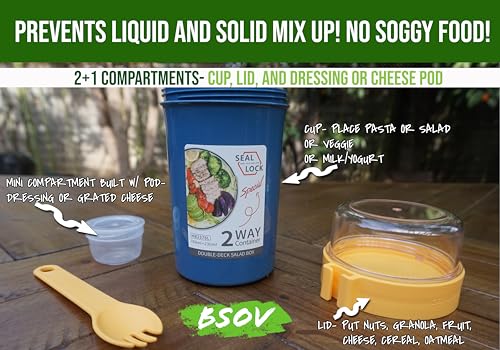 BSOV 2 in 1 Salad To Go Container Lid & Cereal Oats Yogurt Take Out Container with Fork & Dressing Pod, On the Go Portable Food Meal Prep Storage for Lunch and Jar, 3 Compartments (Pink)