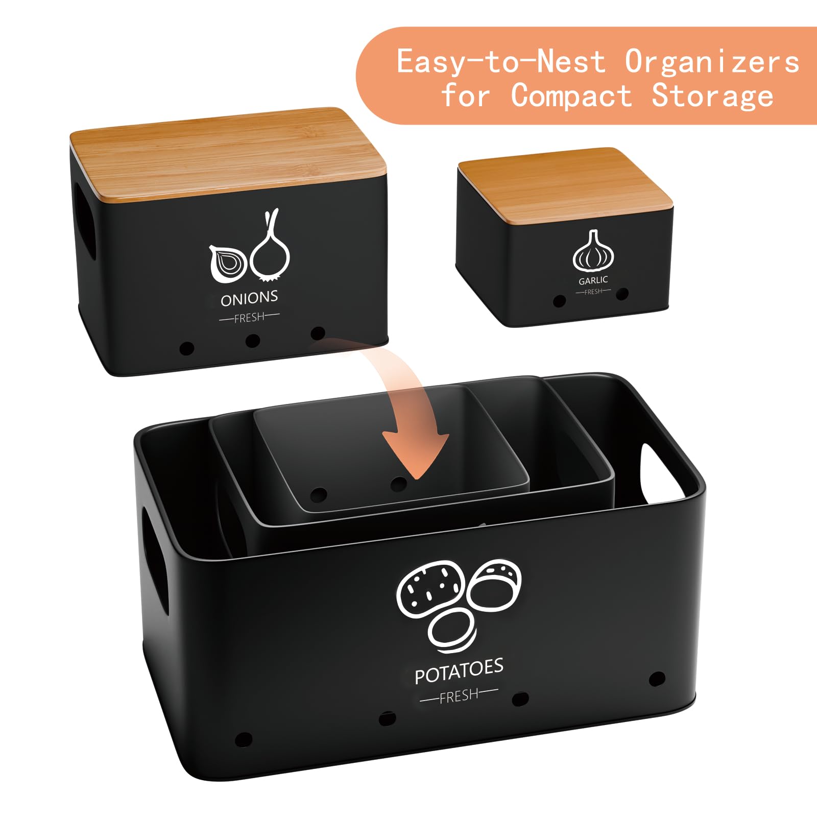Surmol Potato and Onion Storage Bin,Kitchen Vegetable Storage Tins for Potato Onion & Garlic, Metal 3 Pack Kitchen Organizers and Storage With Aerating Holes and Wooden Lid (Black), 41545