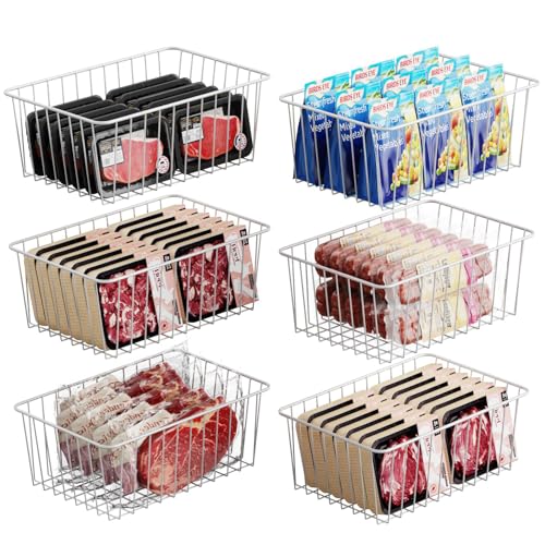iSPECLE Upright Freezer Organizer Bins - 6 Pack Medium Stand up Freezer Baskets for 14 to 15.5 cu.ft Freezer, Easily Sort and Get Food, Air Circulation Stop Food Sliding out from Freezer, White